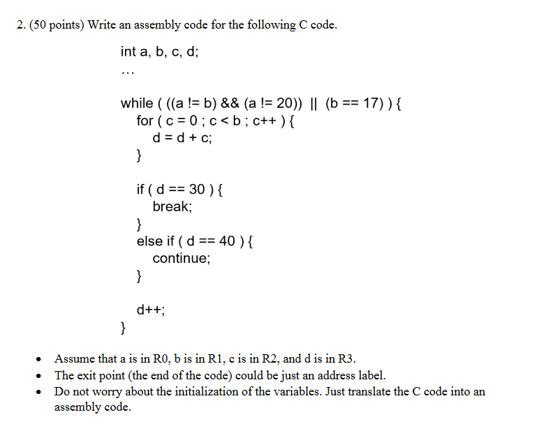 Solved 2. (50 ﻿points) ﻿Write an assembly code for the | Chegg.com