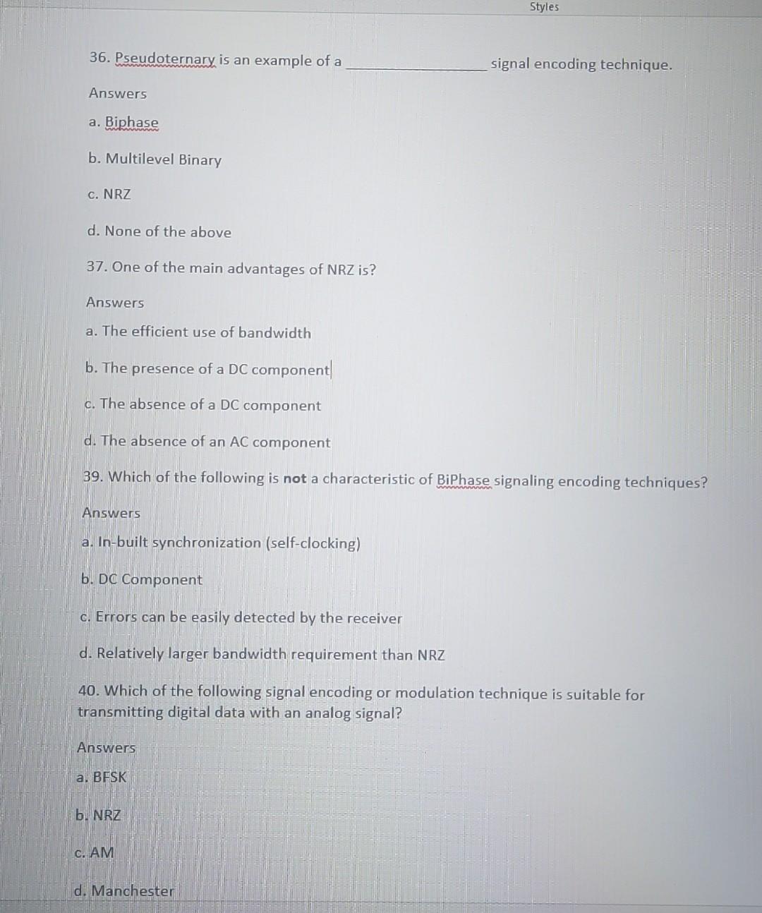 Solved Styles 36. Pseudoternary is an example of a signal | Chegg.com
