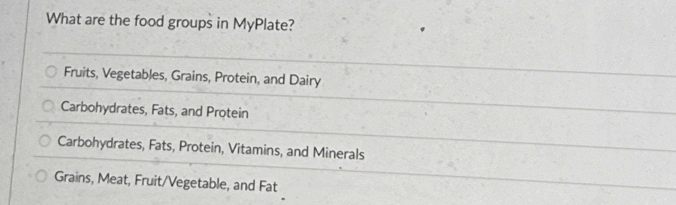 Solved What are the food groups in MyPlate?Fruits, | Chegg.com