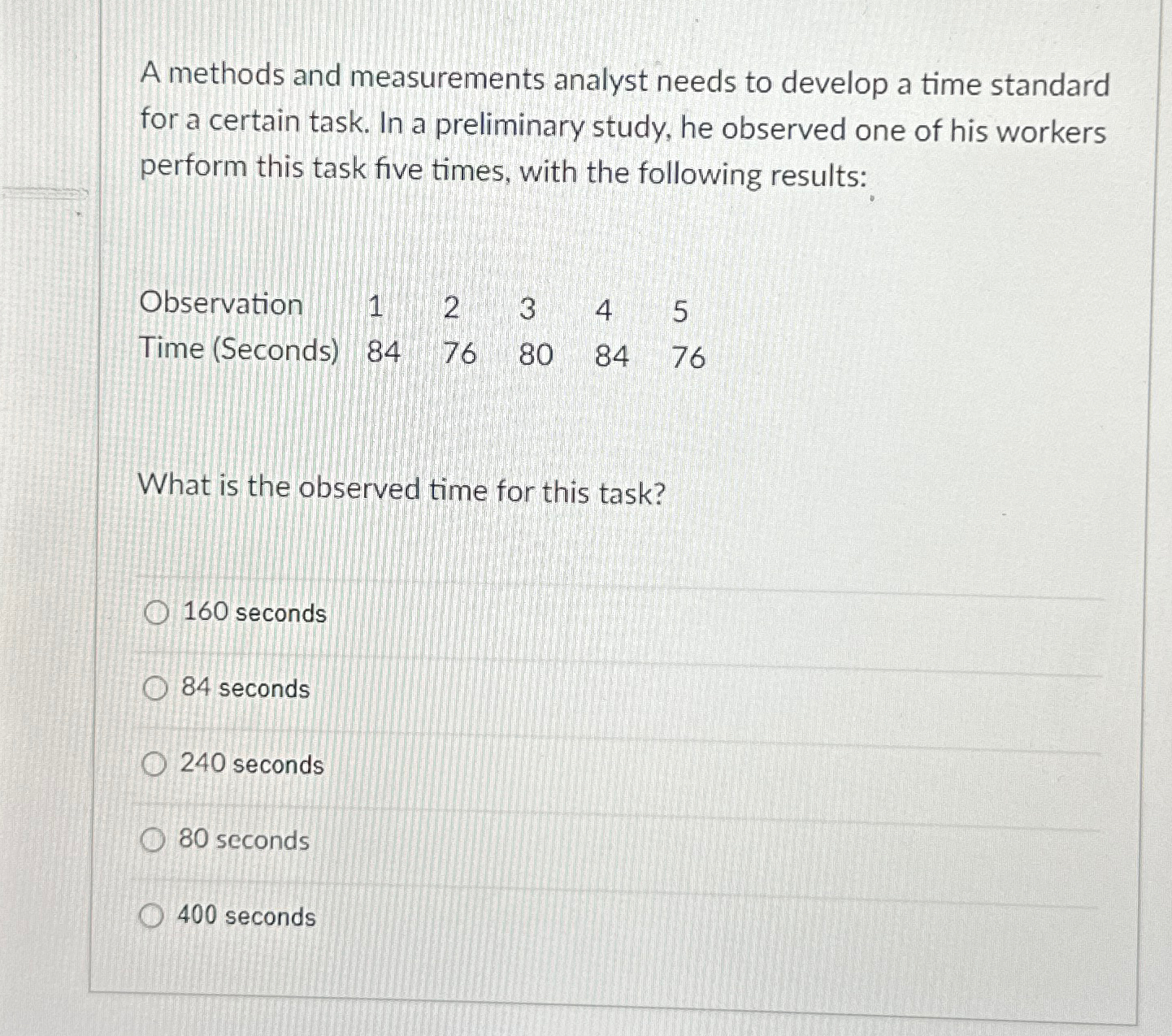 Solved A methods and measurements analyst needs to develop a | Chegg.com