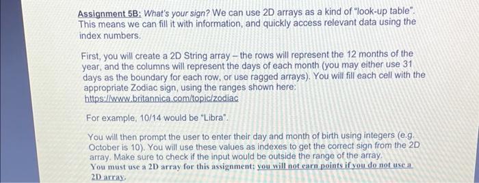 Solved Assignment 5B: What's your sign? We can use 2D arrays | Chegg.com