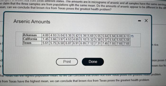 Solved The accompanying table gives amounts of arsenic in | Chegg.com