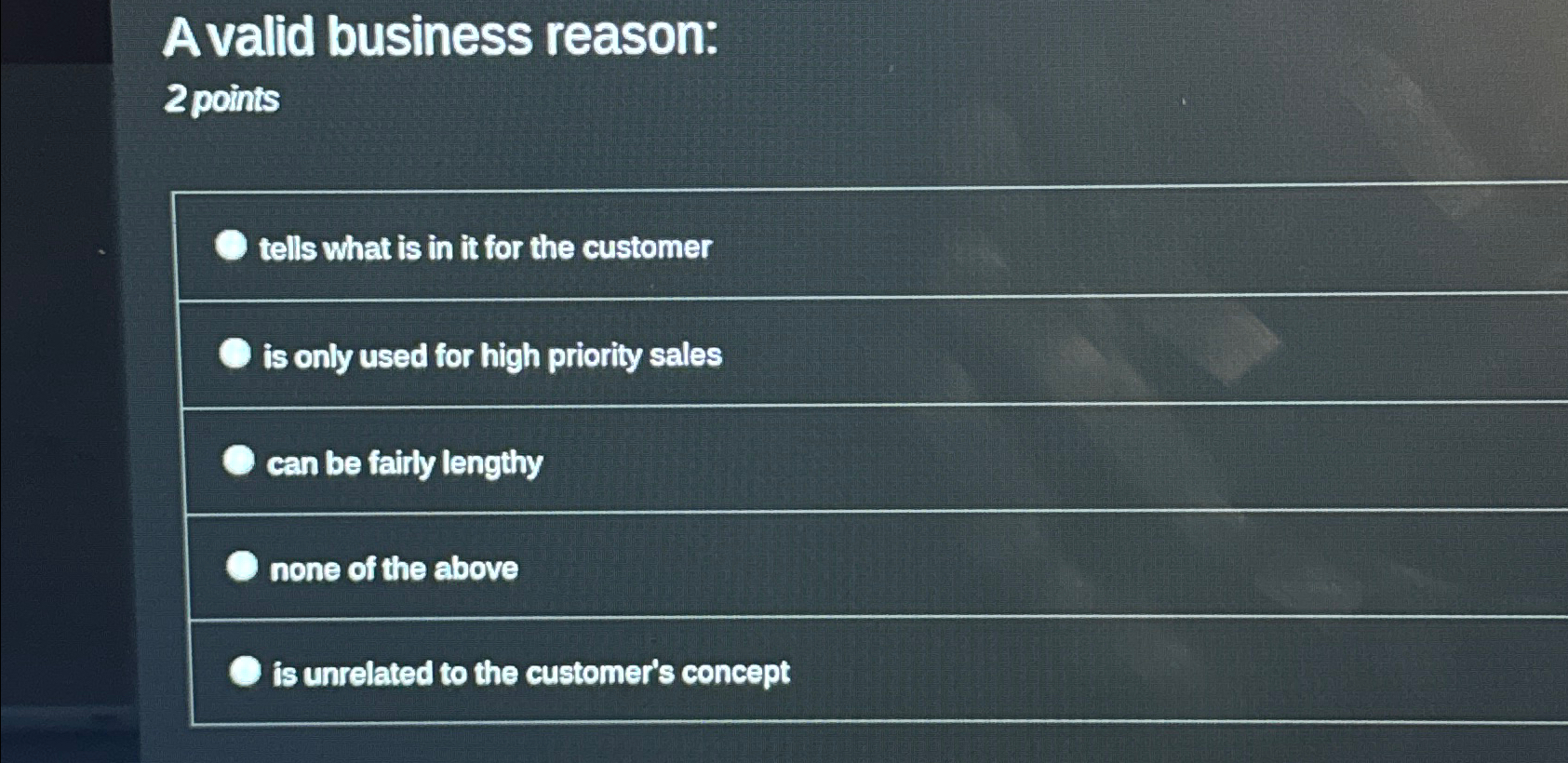 Solved A valid business reason:2 ﻿pointstells what is in it | Chegg.com