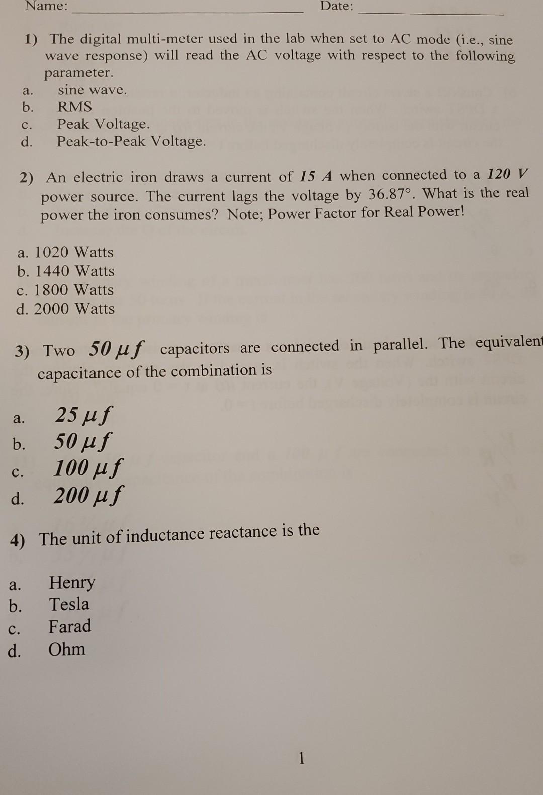 Solved 1) The digital multi-meter used in the lab when set | Chegg.com