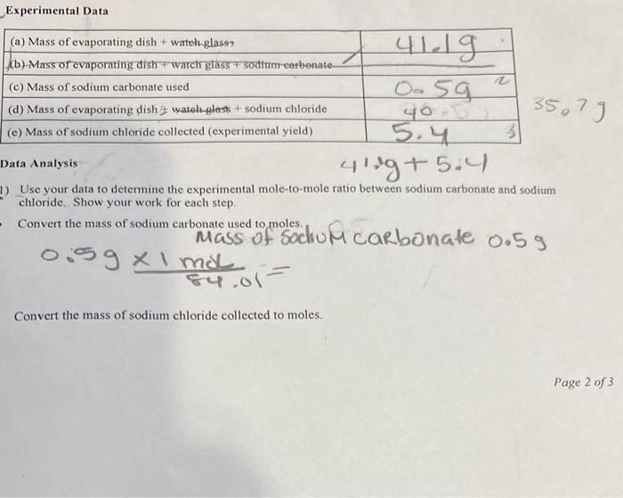 Solved Experimental Data Data Analysis Use your data to | Chegg.com