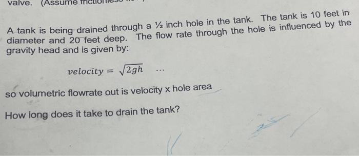 Solved A tank is being drained through a 1/2 inch hole in | Chegg.com