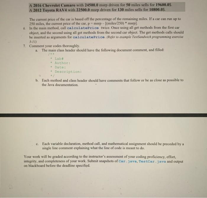 Solved 1. Create a class named Car that contains the | Chegg.com