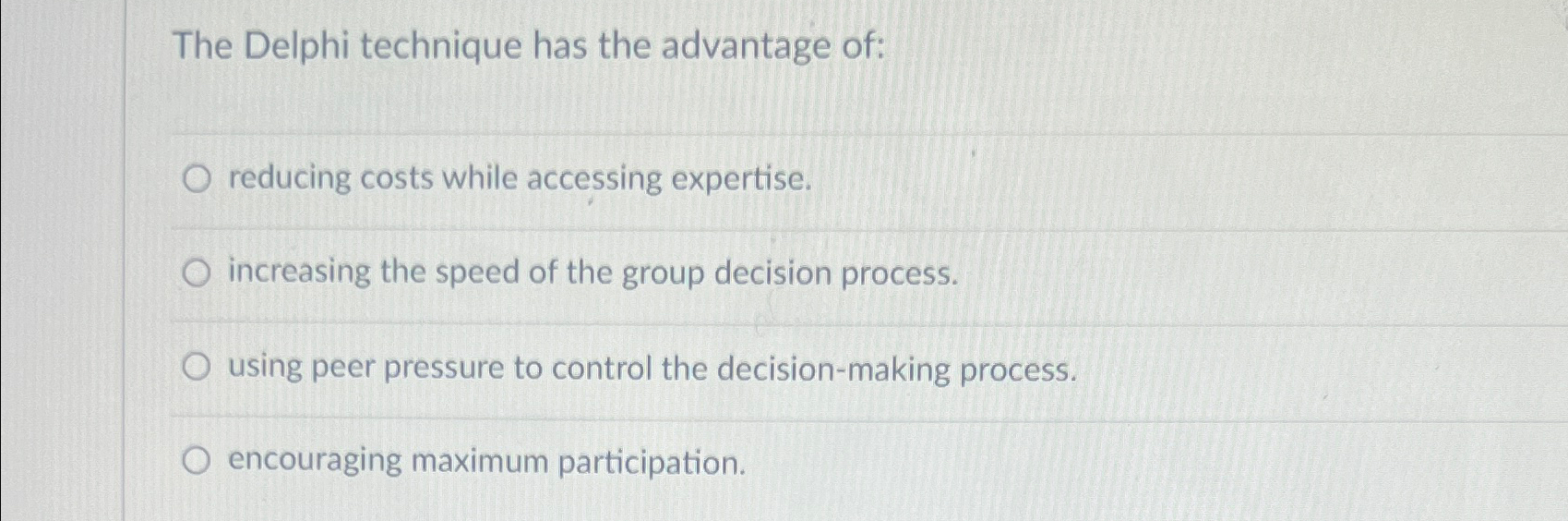 Solved The Delphi technique has the advantage of:reducing | Chegg.com