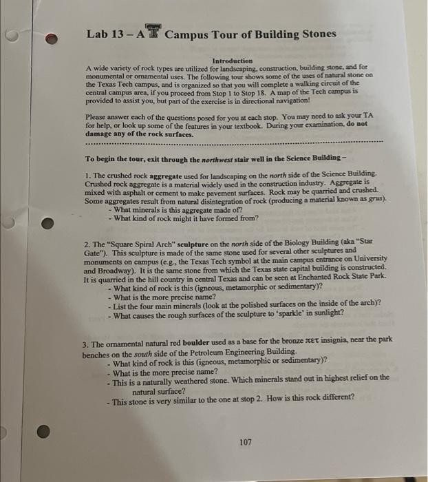 Lab 13 - A I Campus Tour of Building Stones | Chegg.com