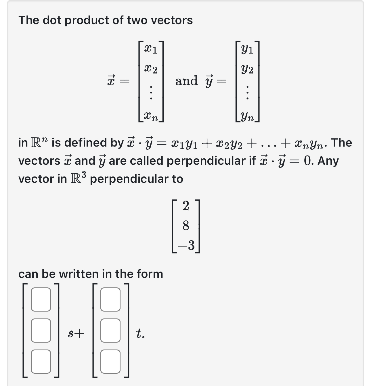 Solved The dot product of two vectorsvec(x)=[x1x2vdotsxn] | Chegg.com