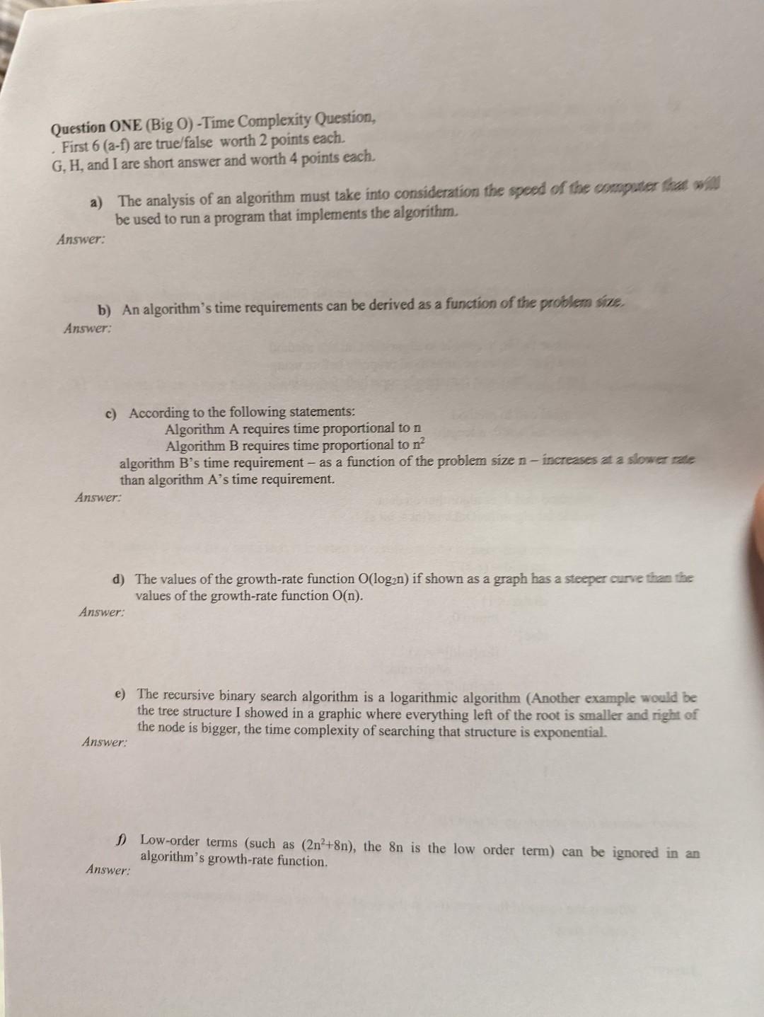 Solved Question ONE (Big O)-Time Complexity Question, . | Chegg.com