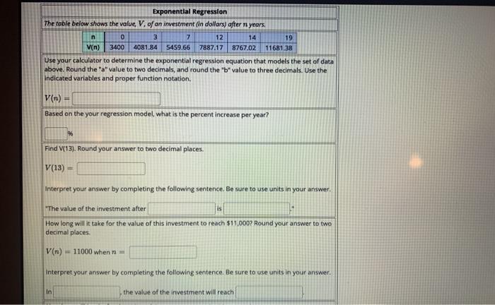Solved Exponential Regression The table below shows the | Chegg.com
