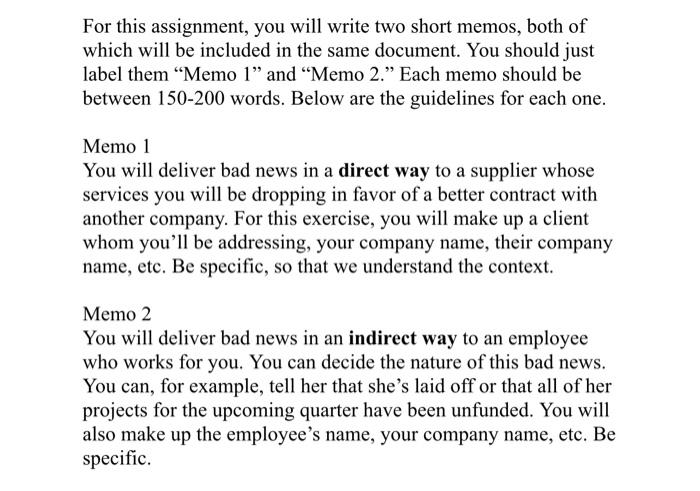 Solved For this assignment, you will write two short memos, | Chegg.com