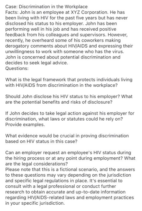 Case: Discrimination in the Workplace Facts: John is | Chegg.com