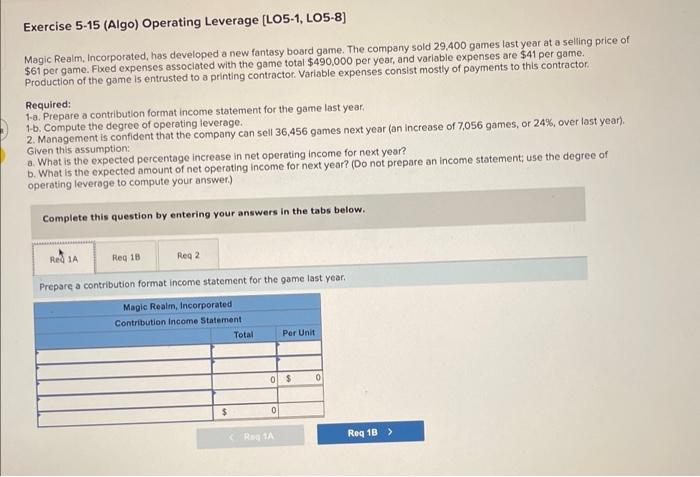Solved Exercise 5-15 (Algo) Operating Leverage [LO5-1, | Chegg.com