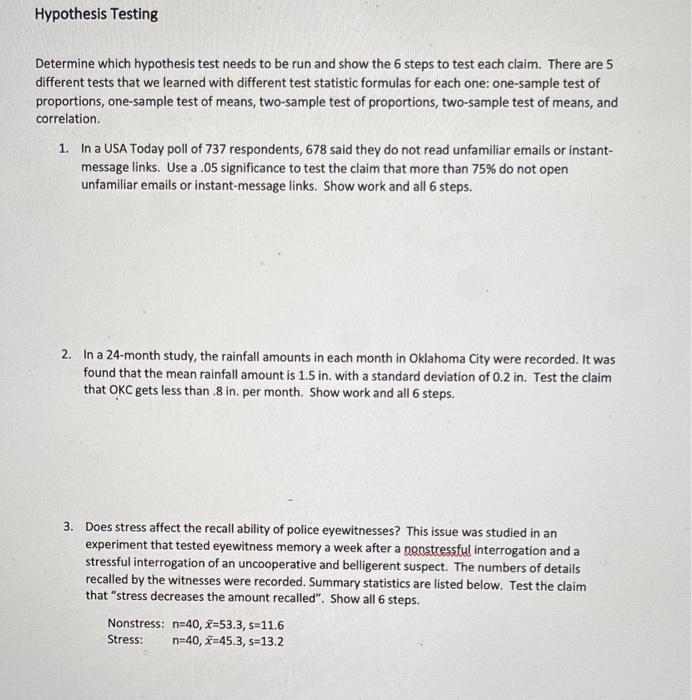 Solved Hypothesis Testing Determine which hypothesis test | Chegg.com
