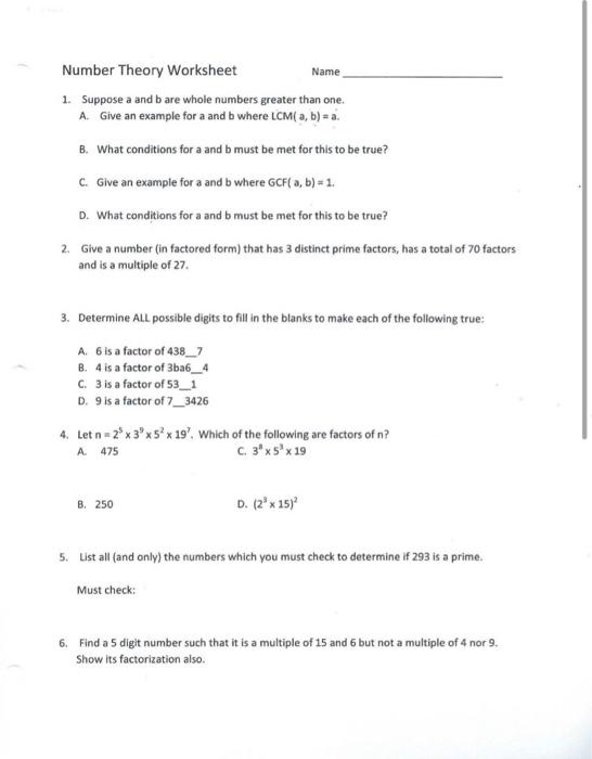 Solved Name Number Theory Worksheet 1. Suppose a and b are | Chegg.com