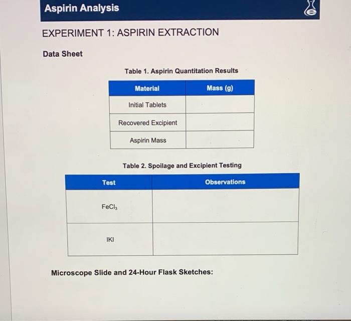 Aspirin Analysis EXPERIMENT 1: ASPIRIN EXTRACTION | Chegg.com