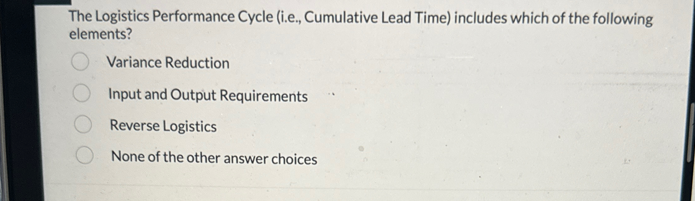 Solved The Logistics Performance Cycle (i.e., ﻿Cumulative | Chegg.com