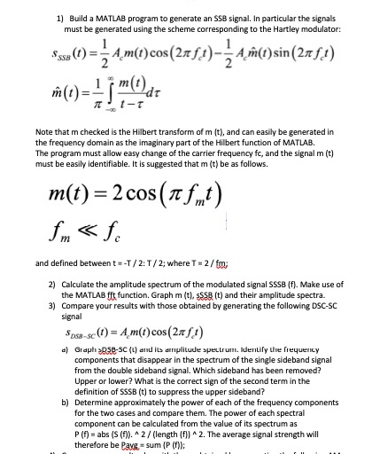 1) Build a MATLAB program to generate an SSB signal. | Chegg.com