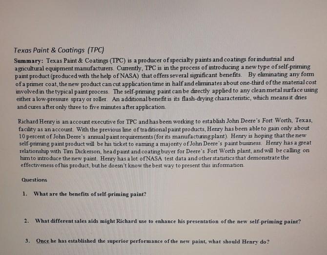 Solved Texas Paint & Coatings (TPC) Summary: Texas Paint & | Chegg.com