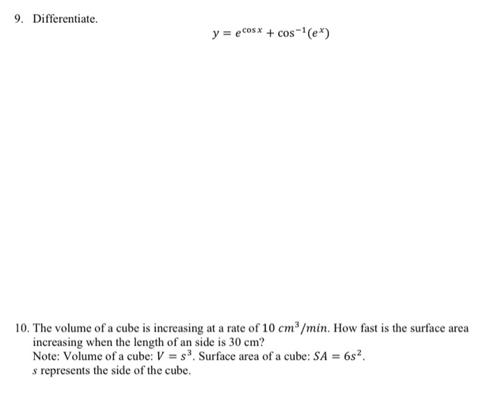 Solved 9. Differentiate. y = ecosx + cos-(e) 10. The volume | Chegg.com