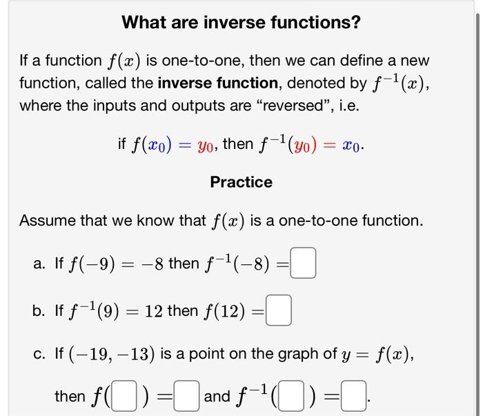 Solved What are inverse functions? If a function f(x) is | Chegg.com