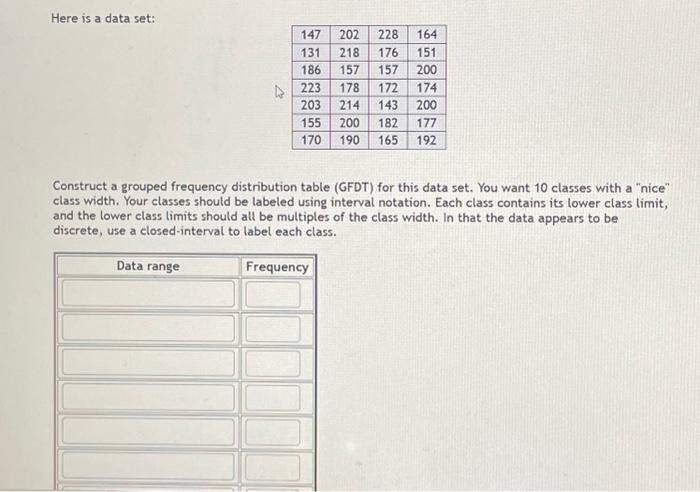 Solved Here is a data set: Construct a grouped frequency | Chegg.com