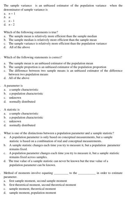 Solved The sample variance is an unbiased estimator of the | Chegg.com