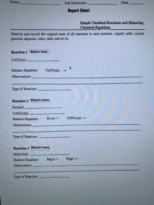 Solved Name Date Lab Instructor Report Sheet Simple Chemical | Chegg.com
