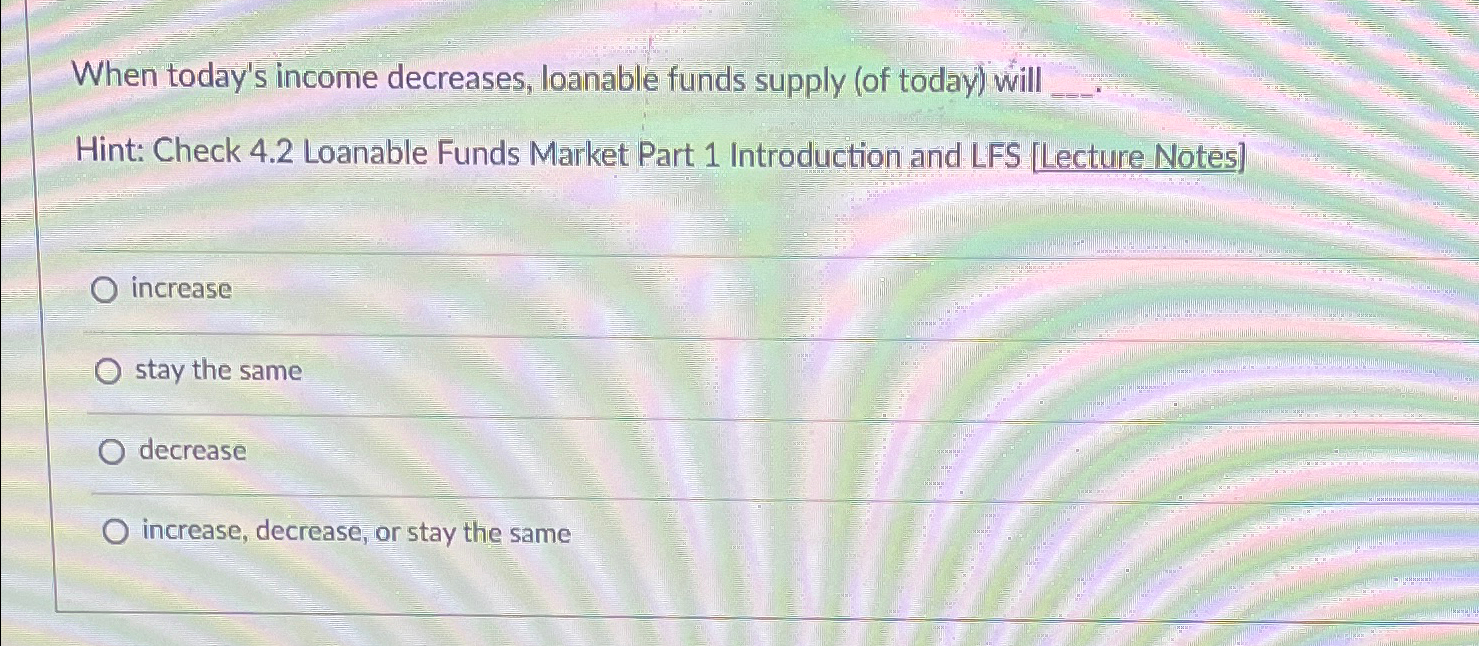 Solved When today's income decreases, loanable funds supply | Chegg.com