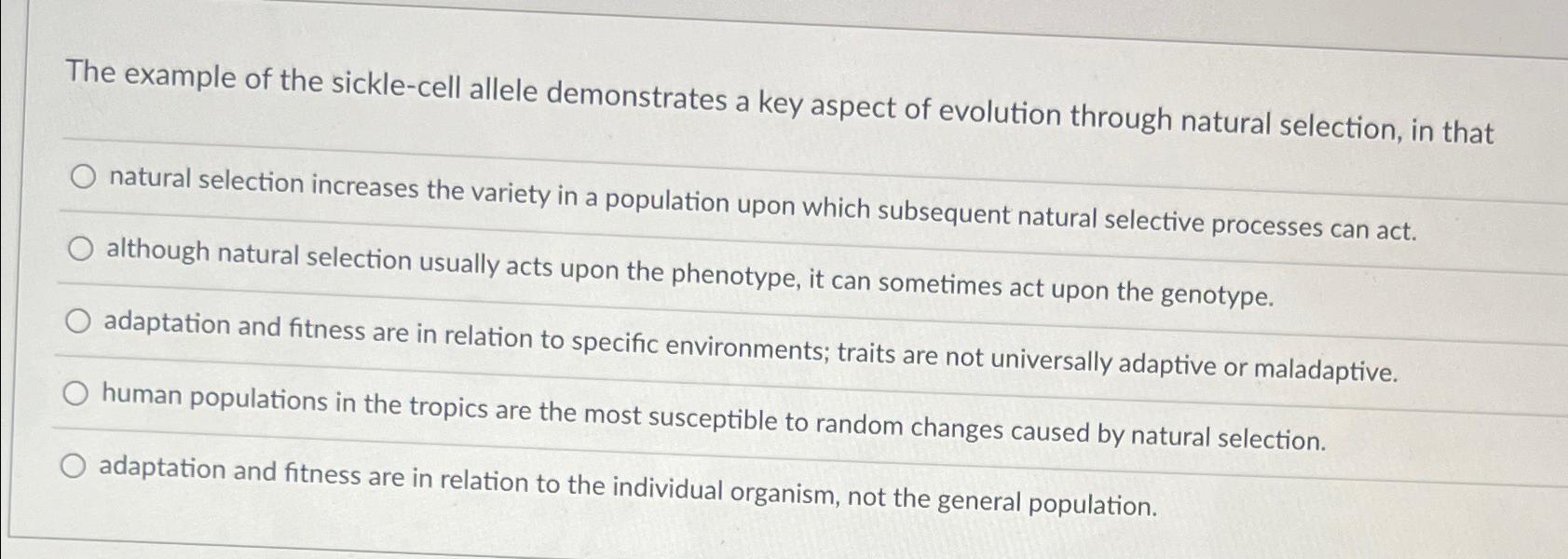 Solved The example of the sickle-cell allele demonstrates a | Chegg.com