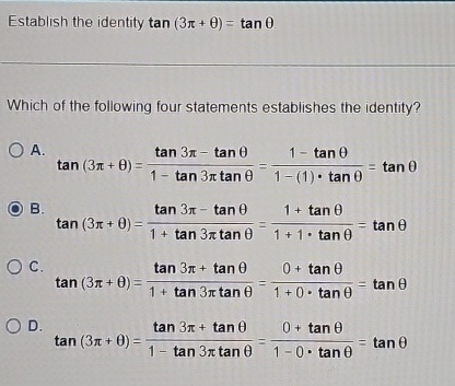 Solved Establish the identity tan(3π+θ)=tanθWhich of the | Chegg.com