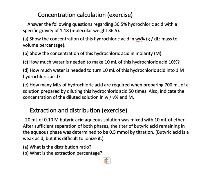 Solved Concentration calculation (exercise) Answer the | Chegg.com