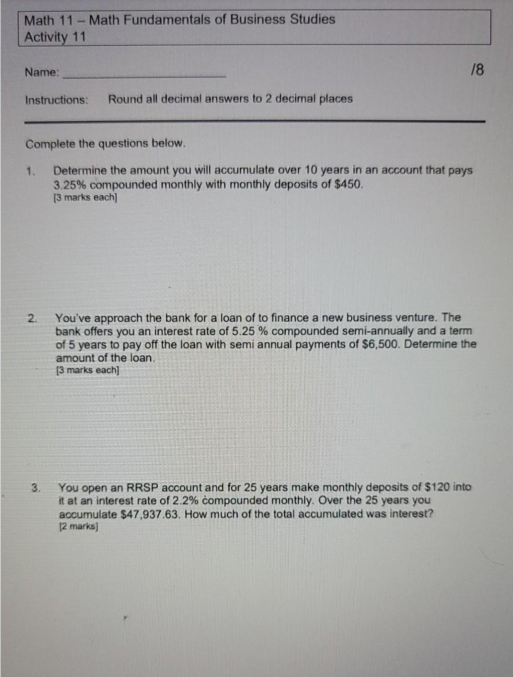 Solved Math 11 Math Fundamentals of Business Studies | Chegg.com