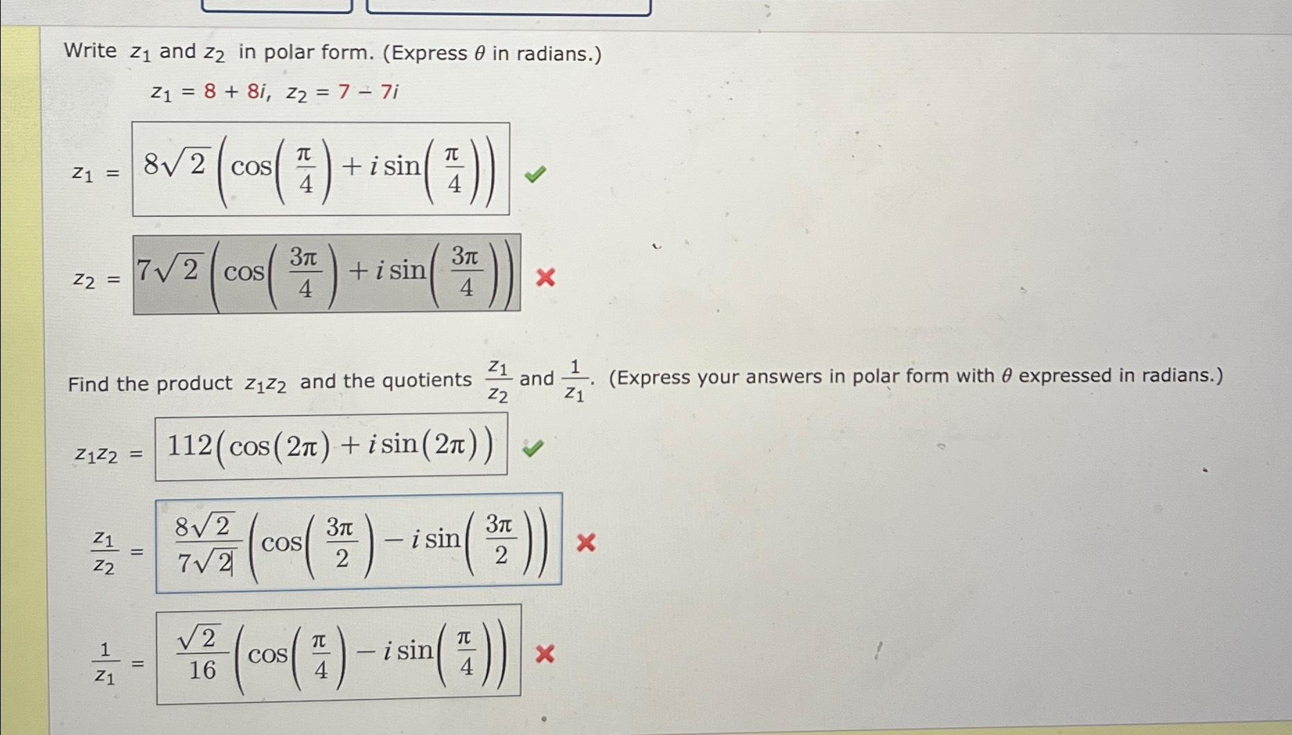 Solved Write z1 ﻿and z2 ﻿in polar form. (Express θ ﻿in | Chegg.com