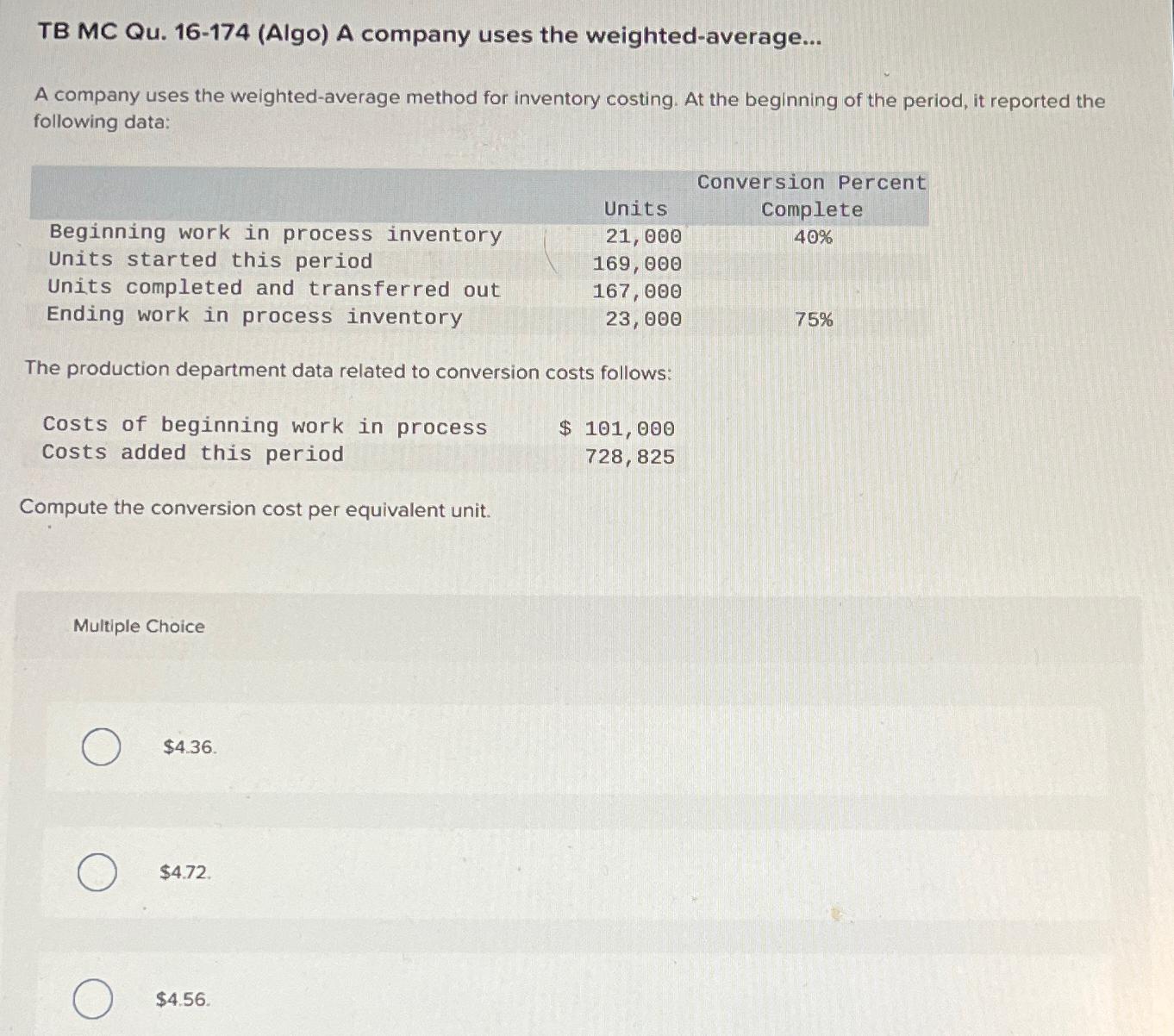 Solved TB MC Qu. 16-174 (Algo) ﻿A company uses the | Chegg.com