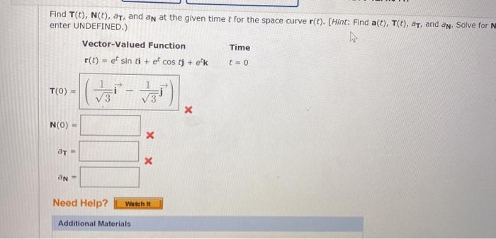 Solved Find T N T Ay And An At The Given Time T For