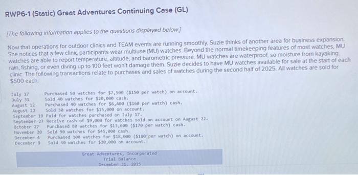 Solved RWP6-1 (Static) Great Adventures Continuing Case (GL) | Chegg.com