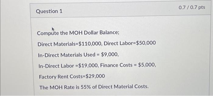 Solved Question 1 Compute the MOH Dollar Balance; Direct | Chegg.com
