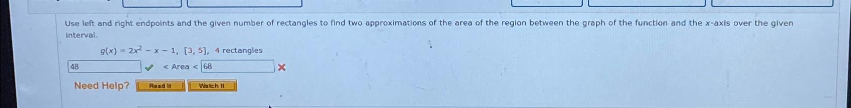 Solved interval.g(x)=2x2-x-1,[3,5],4 ﻿rectangles Need Help? | Chegg.com