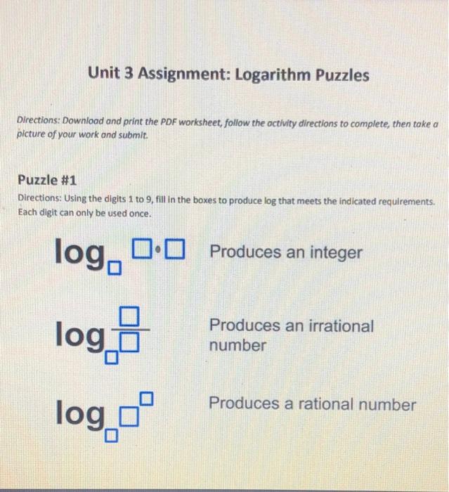Solved Unit 3 Assignment: Logarithm Puzzles Directions: | Chegg.com