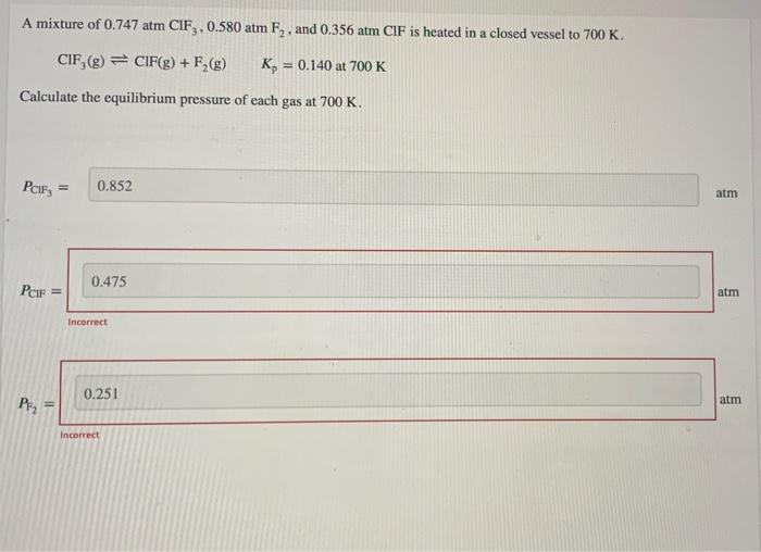 Solved A mixture of 0.747 atm CIF3, 0.580 atm F2, and 0.356 | Chegg.com