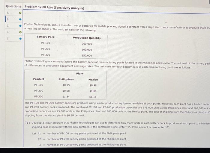 Solved Questions Problem 12-08 Algo (Sensitivity Analysis) | Chegg.com