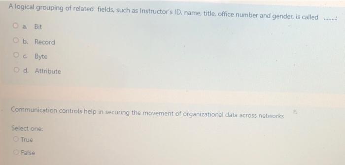 Solved A logical grouping of related fields, such as | Chegg.com