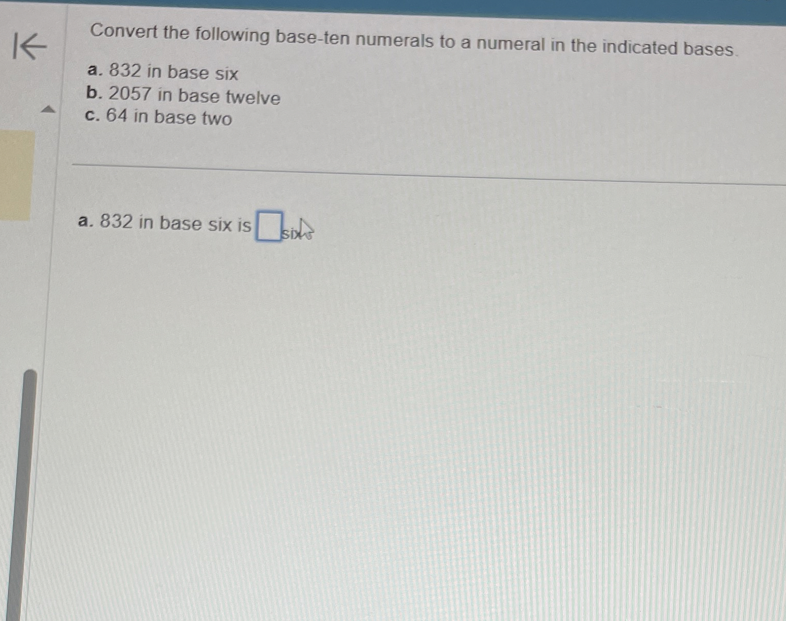 Convert the following base-ten numerals to a numeral | Chegg.com