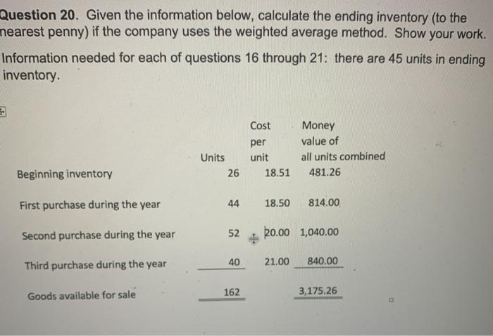 Solved Question 20. Given the information below, calculate | Chegg.com