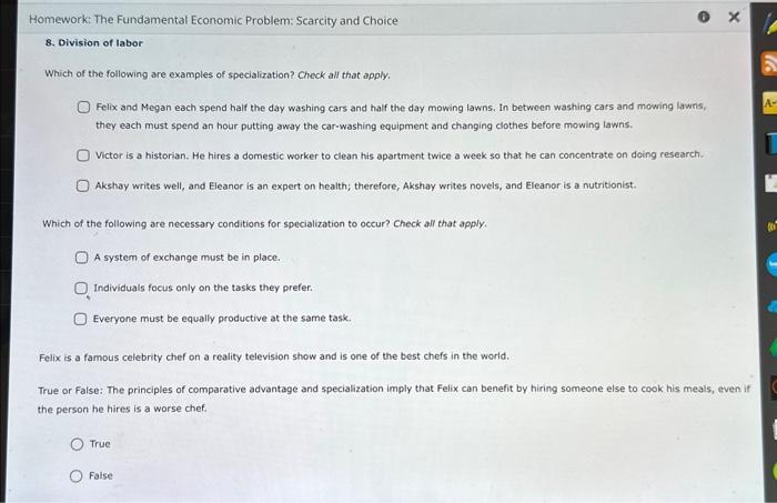 Solved 8. Division of labor Which of the following are | Chegg.com