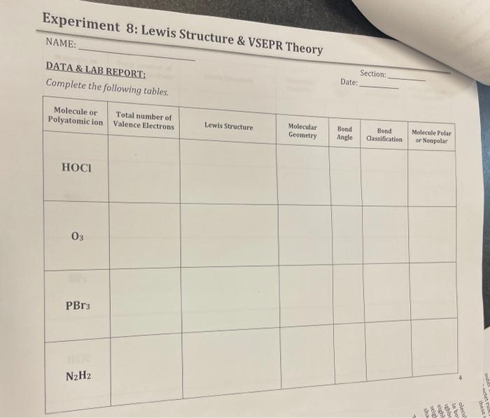Solved Experiment 8: Lewis Structure & VSEPR Theory NAME: | Chegg.com