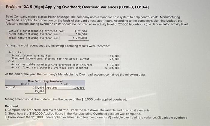Solved Problem 10A-9 (Algo) Applying Overhead; Overhead | Chegg.com